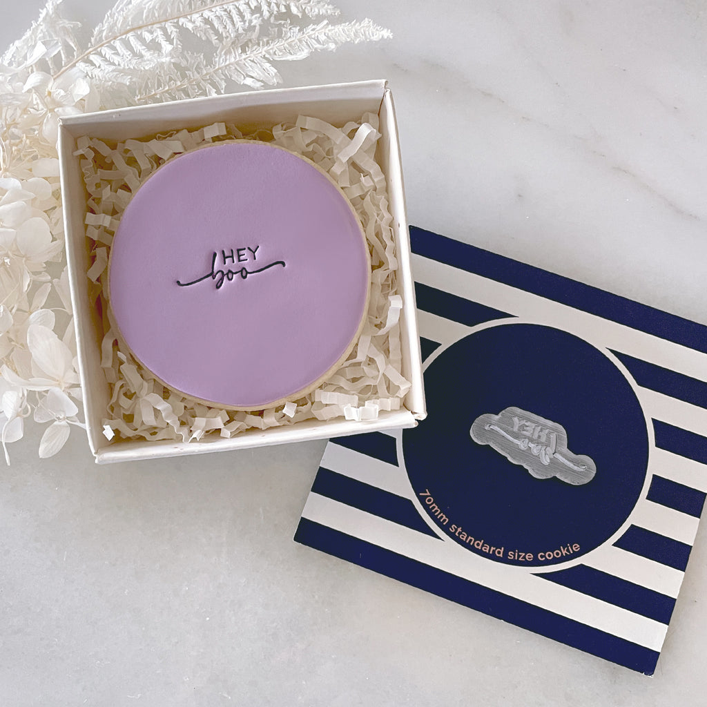 Hey Boo Tiny Text Stamp (Little Biskut) | Custom Cookie Cutters