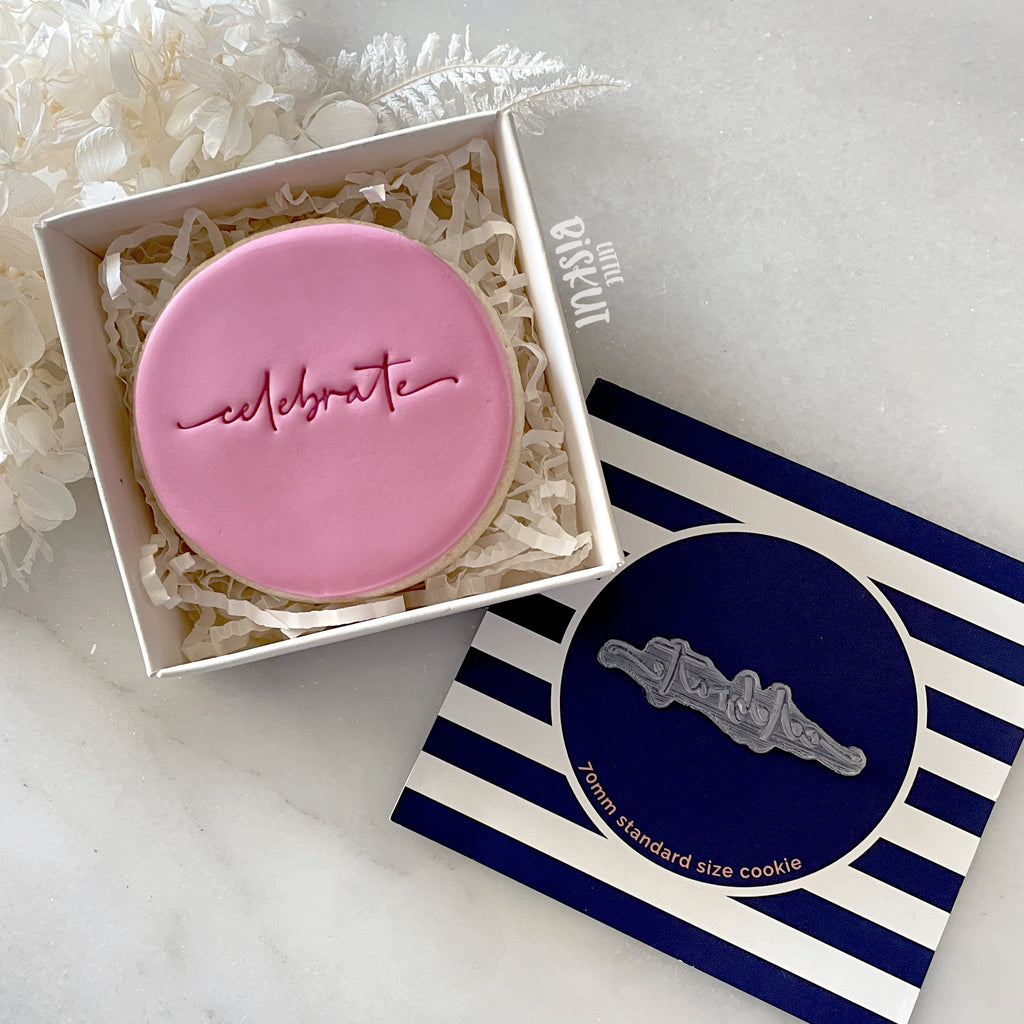 Celebrate Tiny Text Stamp (Little Biskut) | Custom Cookie Cutters